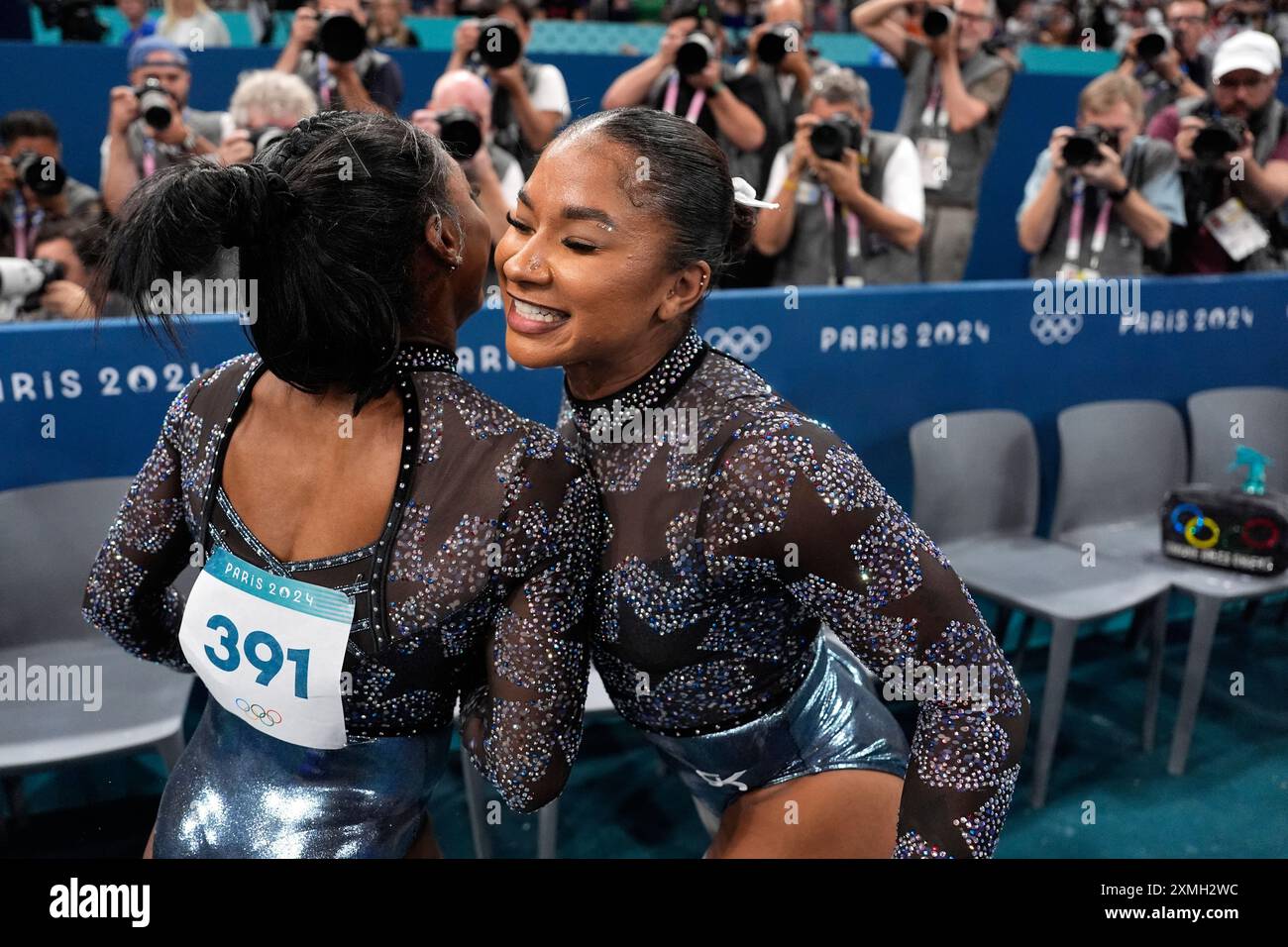 Simone Biles, and Jordan Chiles, right, of United States, celebrate ...