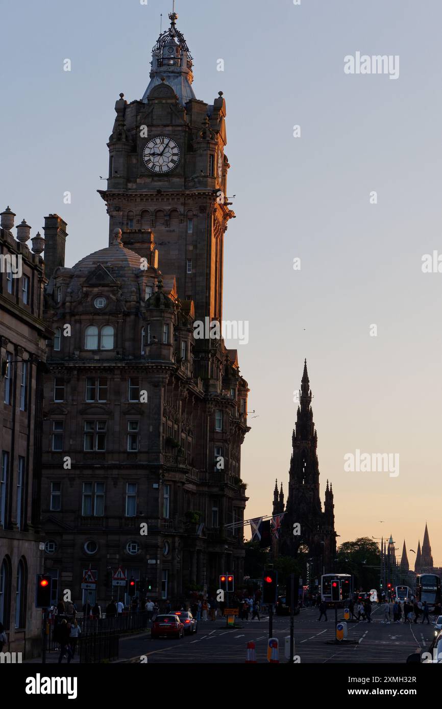 Balmoral Hotel Clock Tower and Scott Monument in silhouette at dusk ...