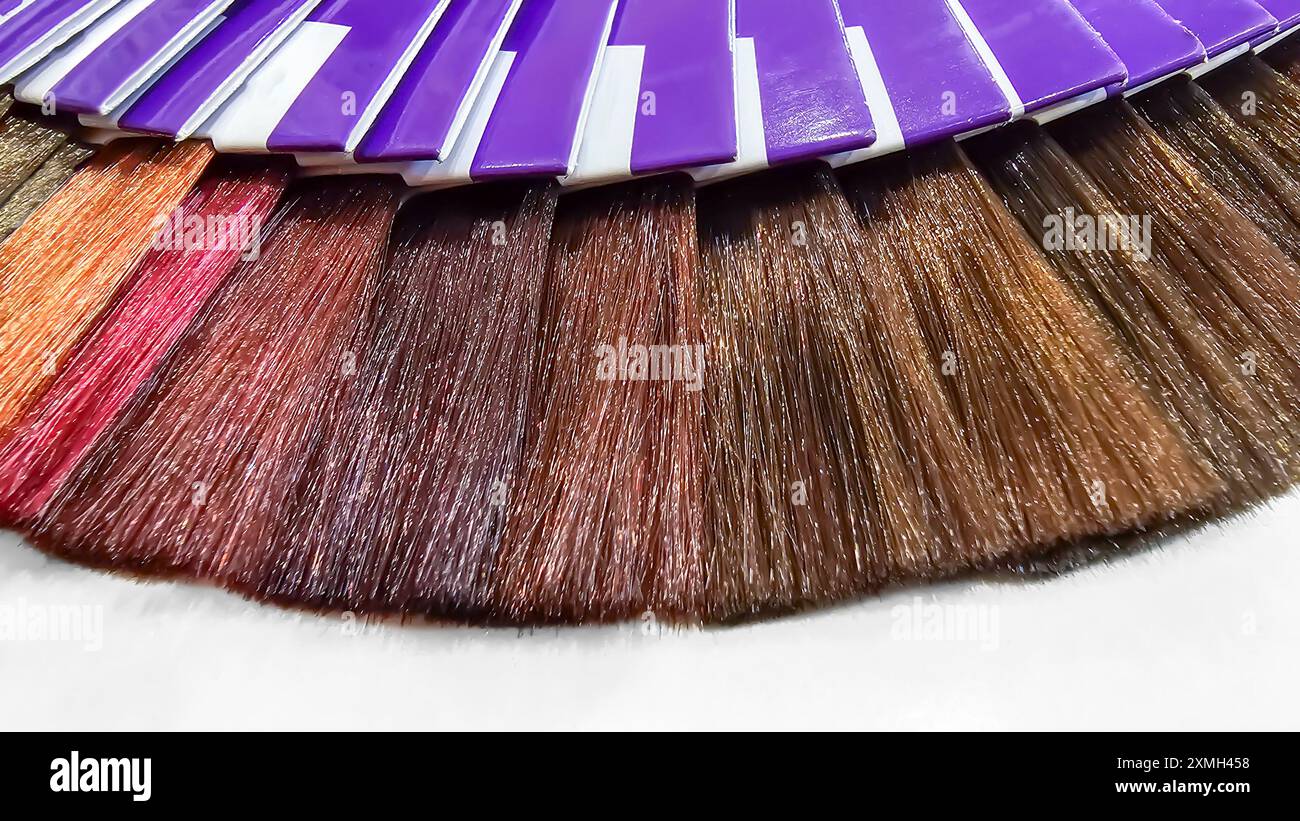 A palette of hair colors made from artificial strands on a white ...