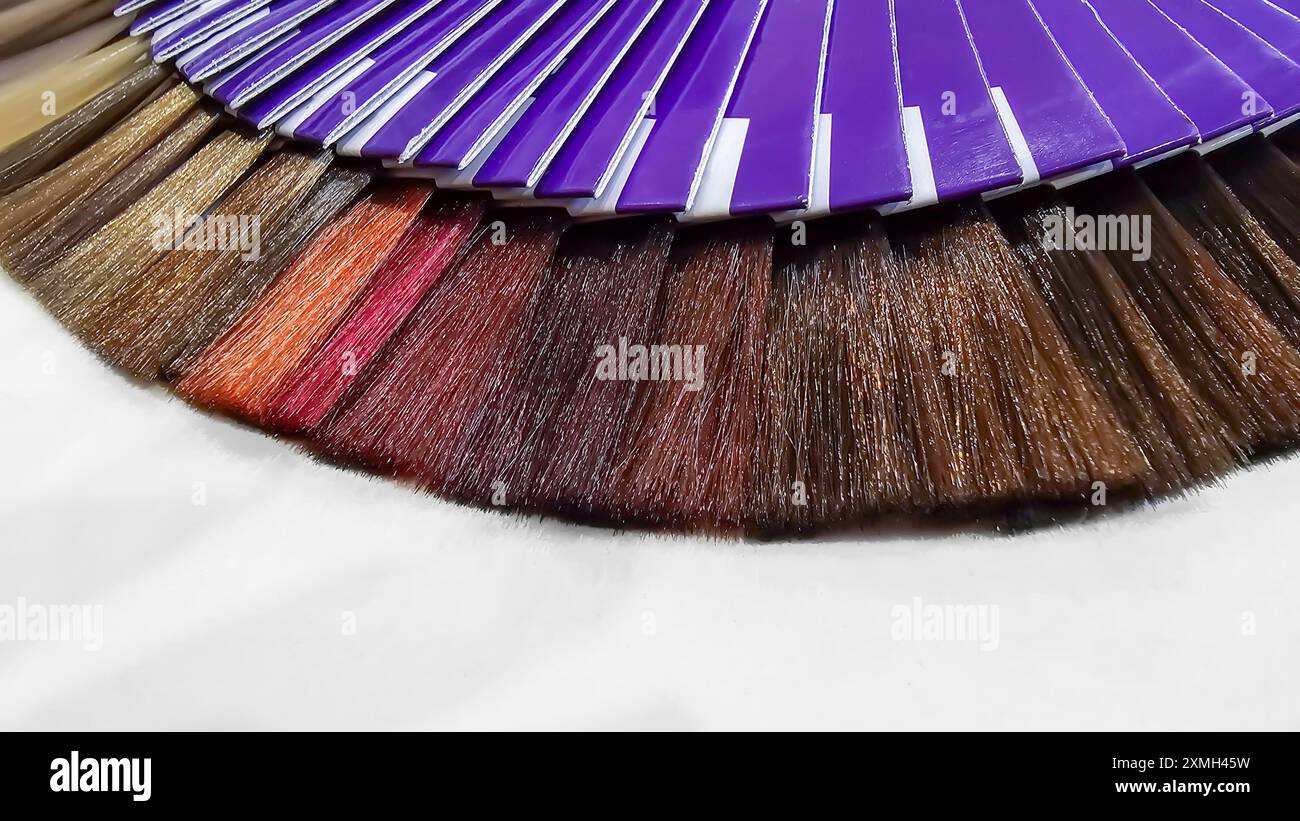 A palette of hair colors made from artificial strands on a white ...