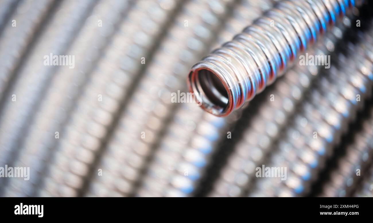 Stainless steel flexible pipes, close-up mackro. Industrial metal ...