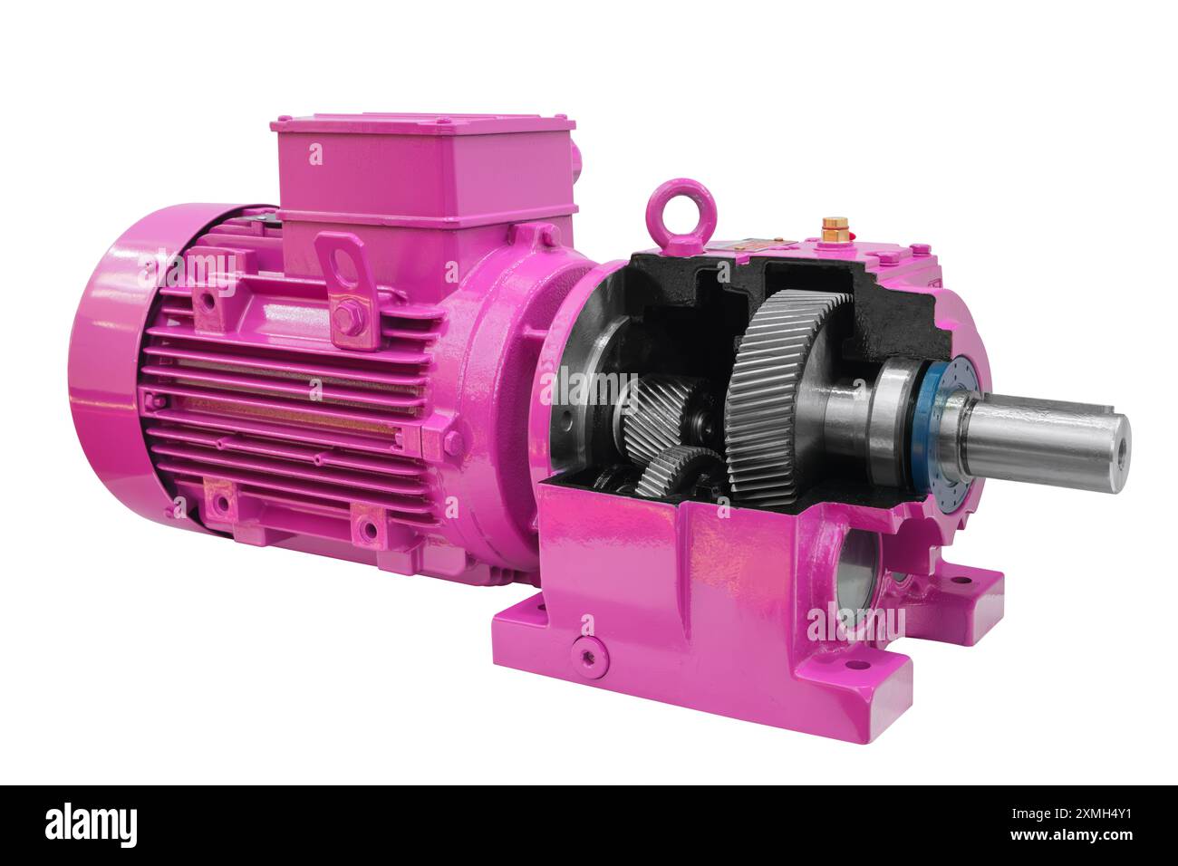 A pink machine with gears and a motor isolated on white background ...