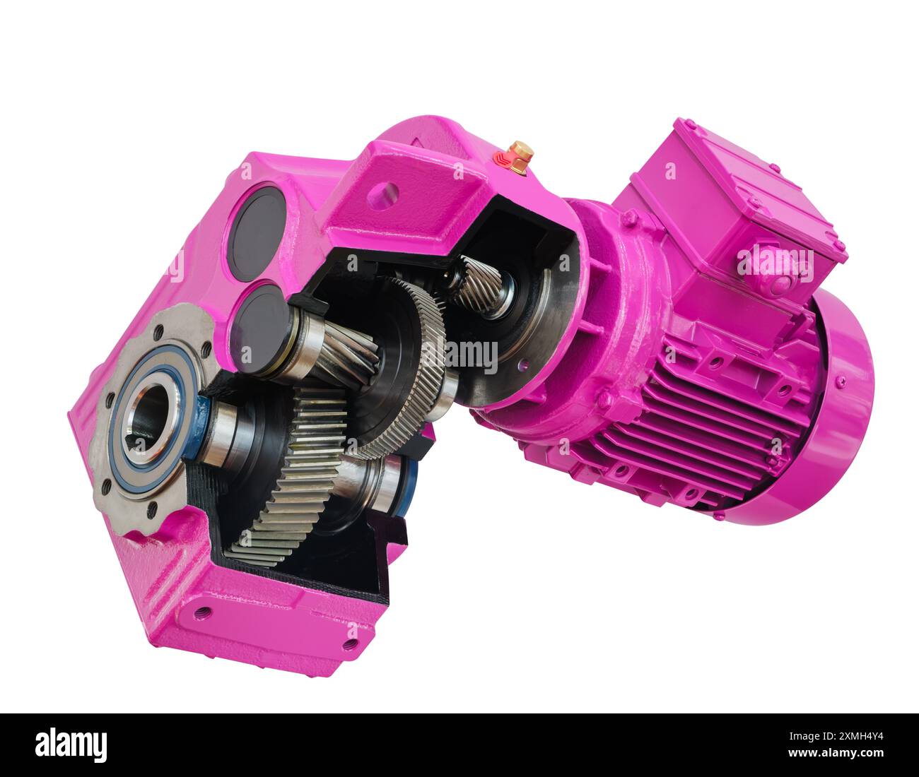 A pink machine with gears and a motor isolated on white background ...