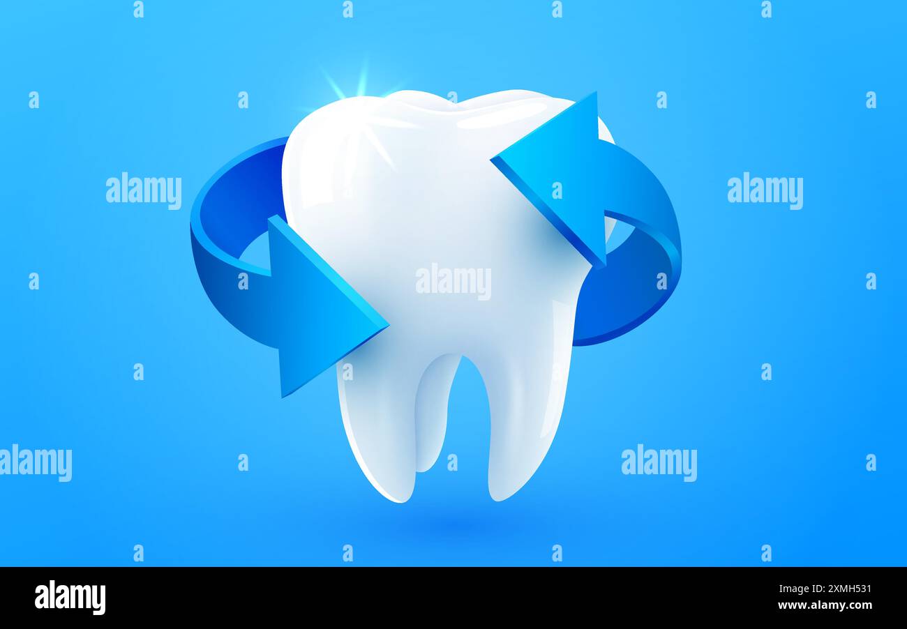 3d realistic vector healthy glowing tooth. Arrows around white tooth ...