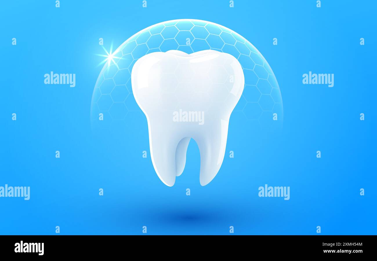 3d realistic vector healthy glowing tooth. Shield around white tooth ...