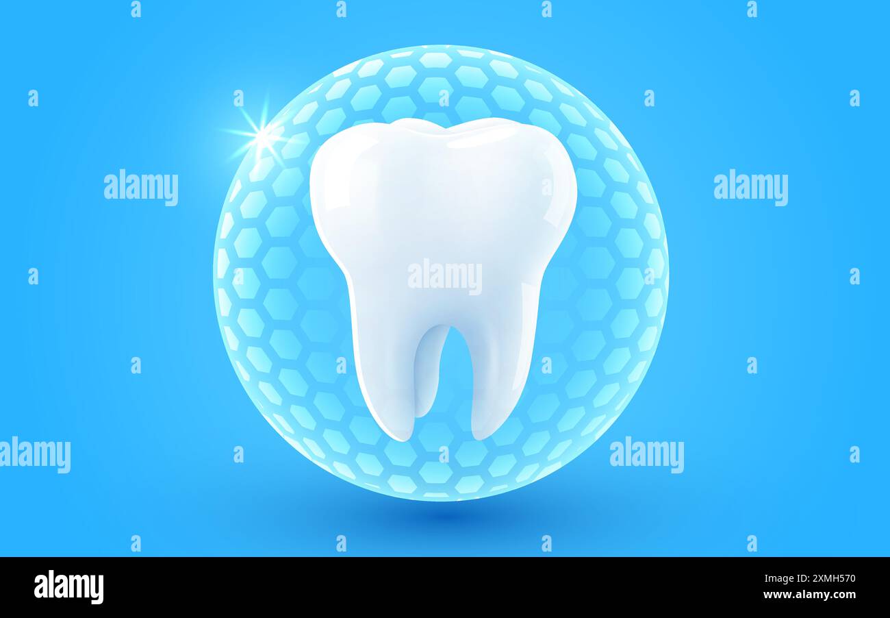 3d realistic vector healthy glowing tooth. Shield around white tooth ...