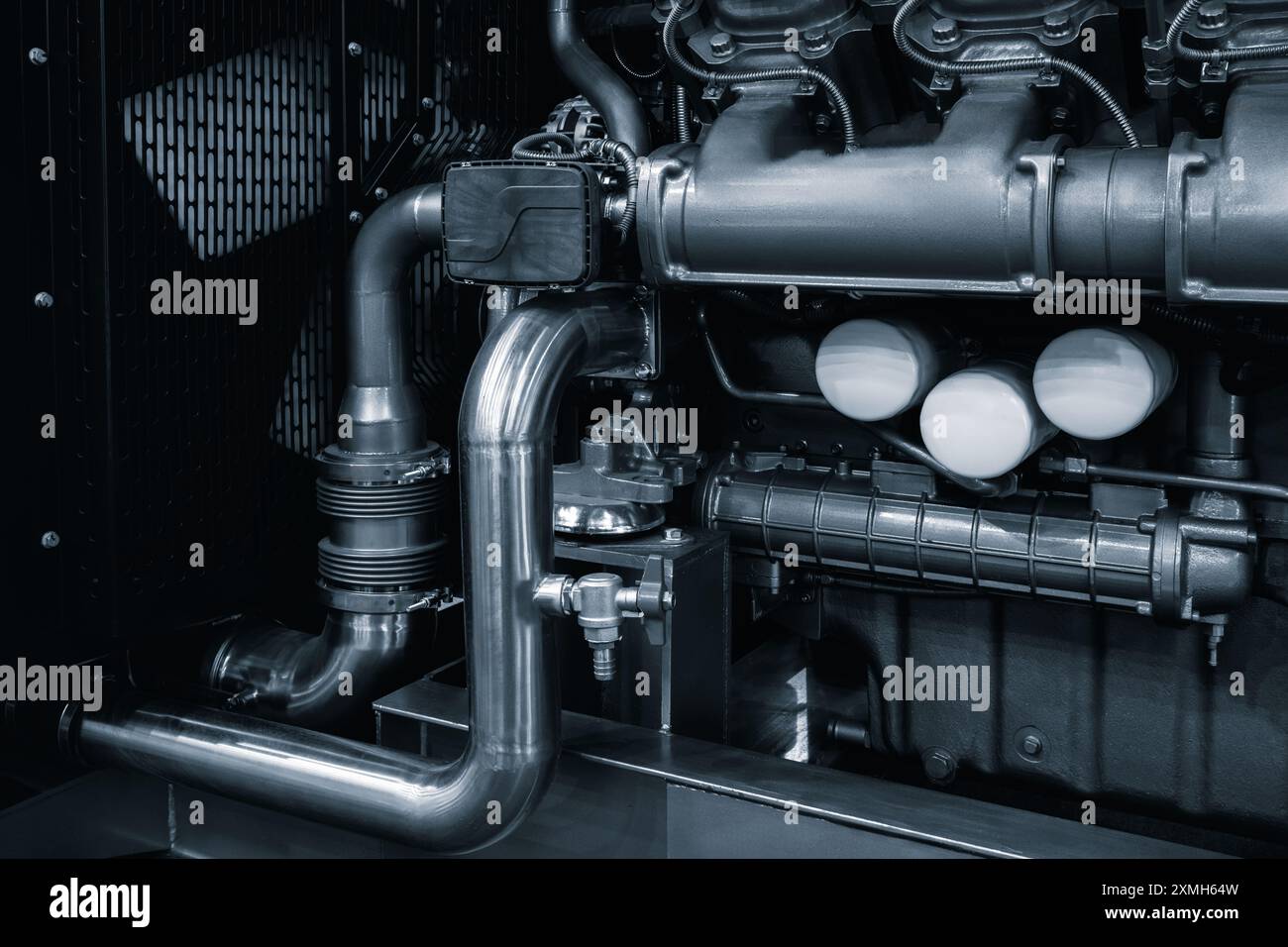 Large industrial diesel engine or diesel generator close-up with many ...