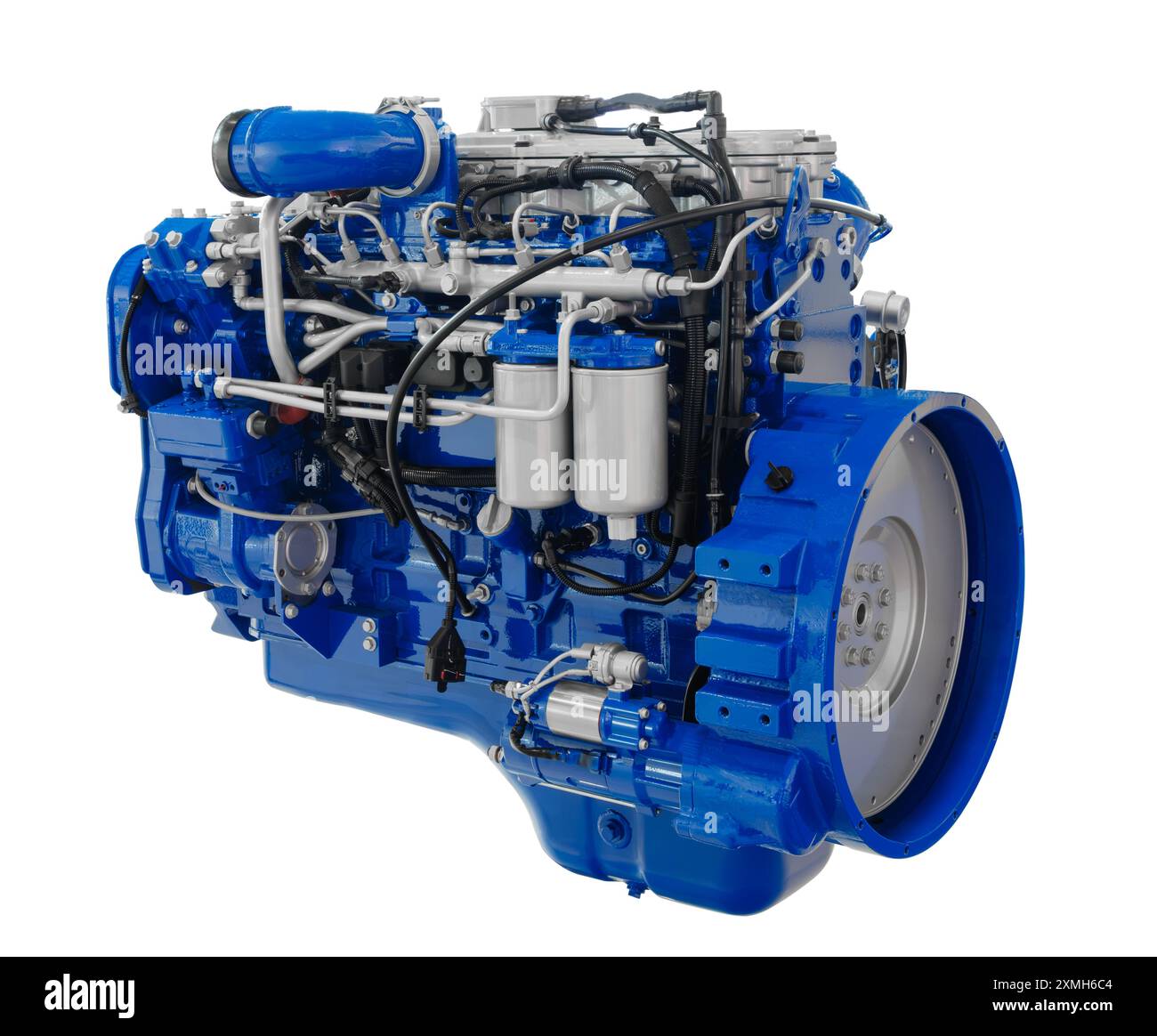 A blue diesel engine with a white and black design. The engine is large ...