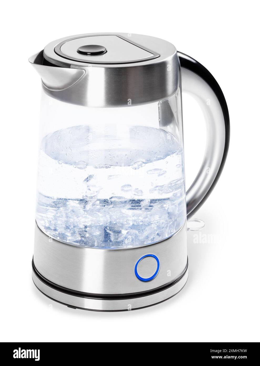 side view of transparent electric kettle with boiling water, isolated ...