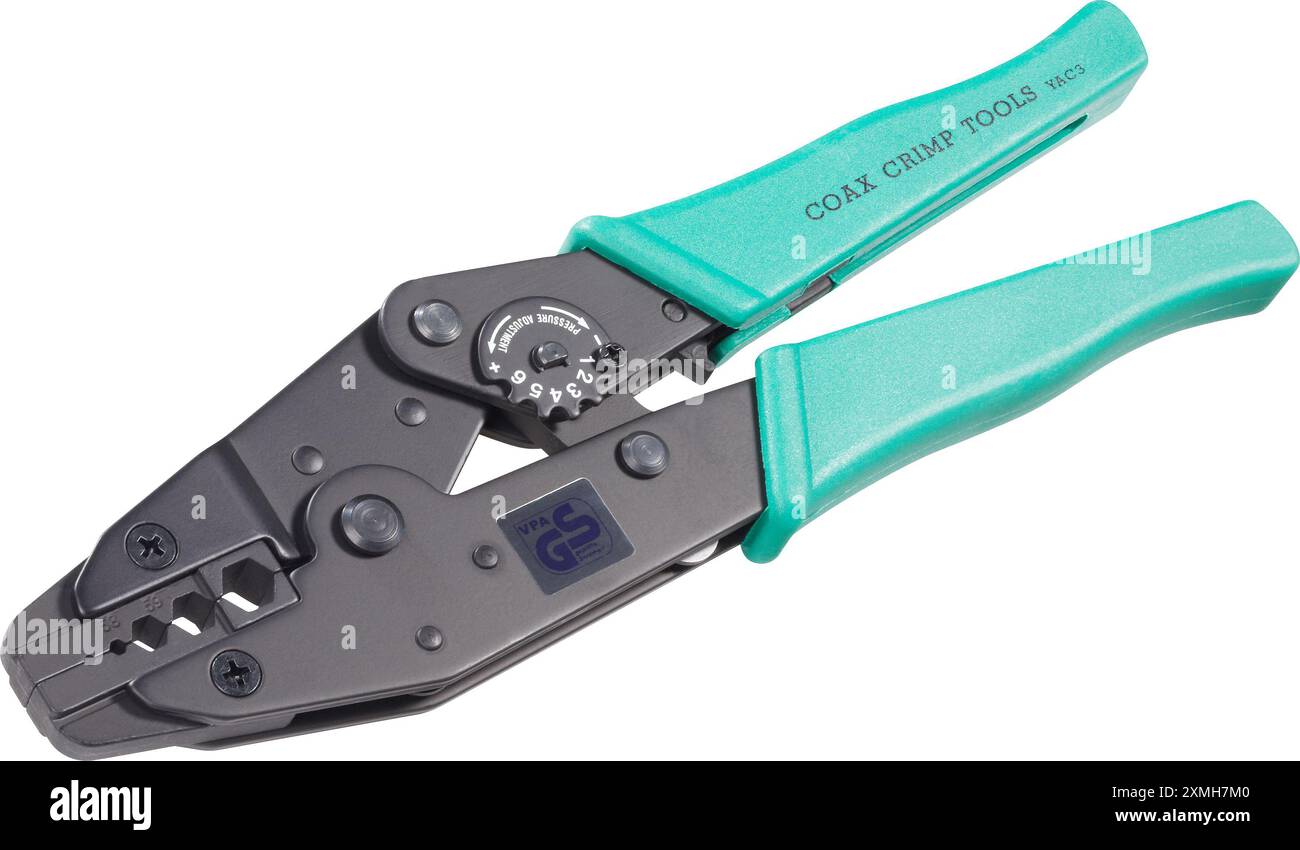 Universal crimping and stripping pliers with green handles, isolated on ...