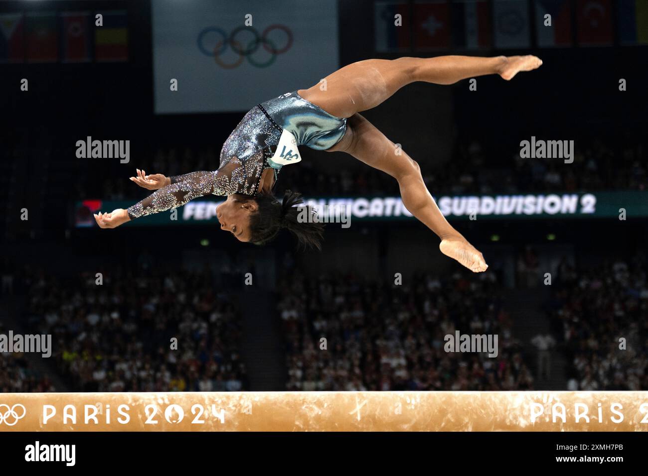 Paris, France. 28th July, 2024. USA's Simone Biles flips during her ...