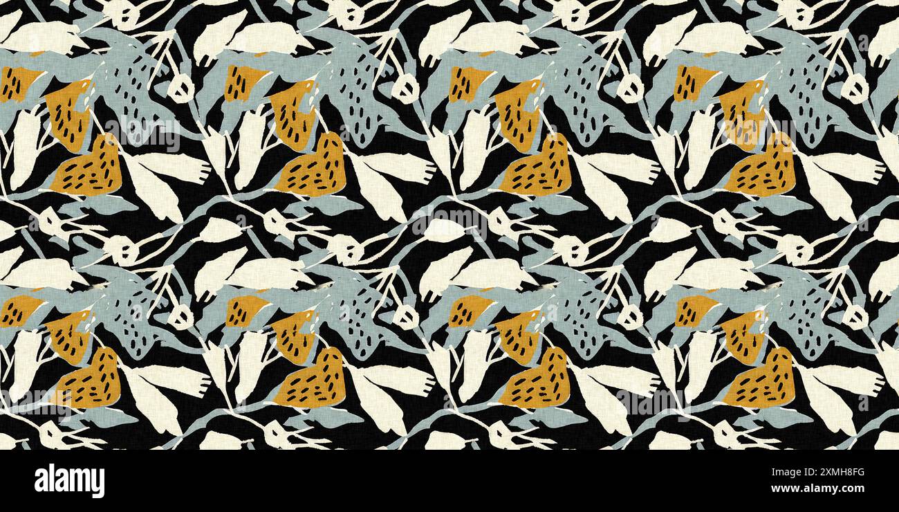 Modern printed fabric flower block print pattern with linen texture ...