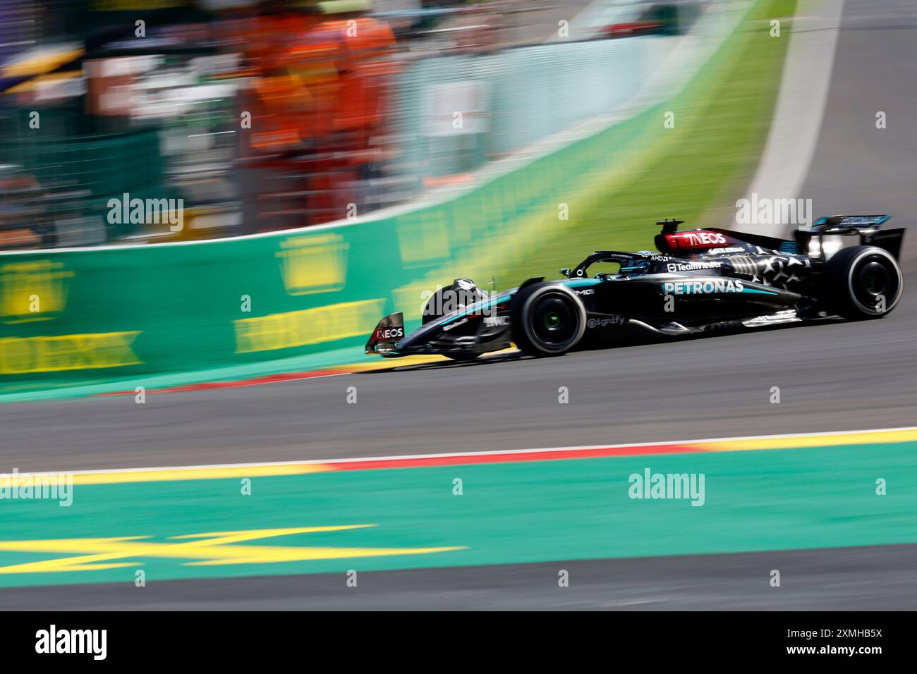Mercedes driver George Russell of Britain steers his car during the ...