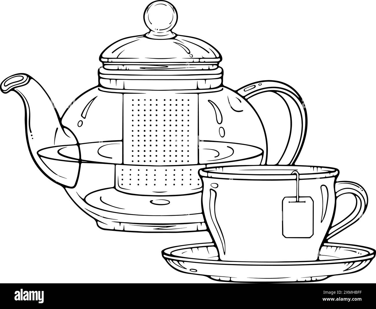 Glass teapot and cup of tea line art Stock Vector Image & Art - Alamy