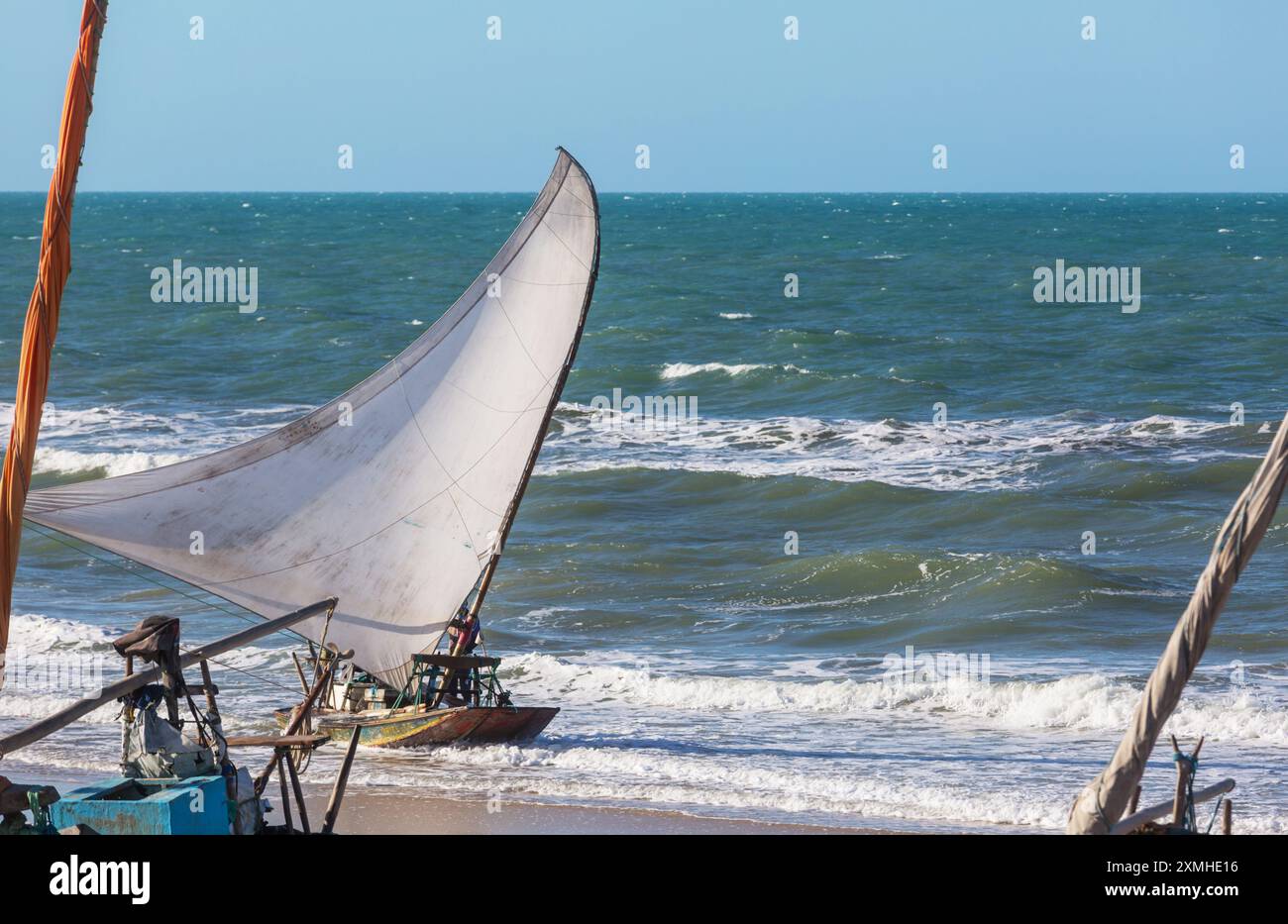 The fishing boats on ocean beach in Brazil, South America Stock Photo ...