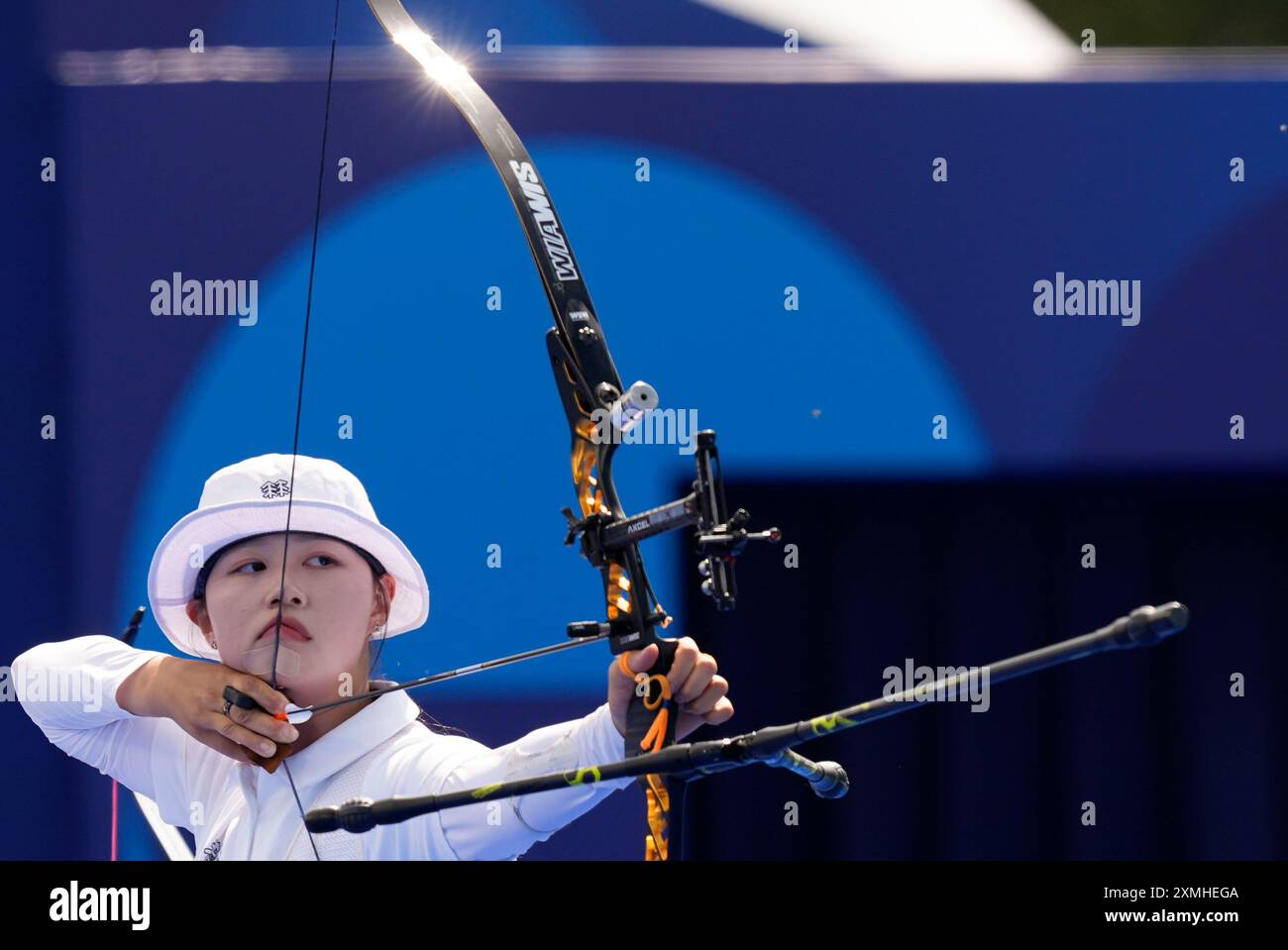 South Korea's Lim Si-hyeon shoots during the women's team semifinals ...