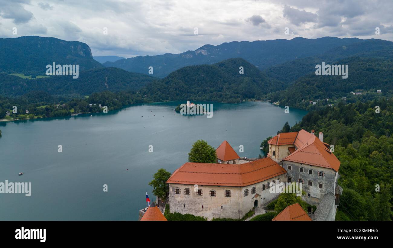 Aerial panoramic view of beautiful Bled Castle (Blejski Grad) with Lake ...