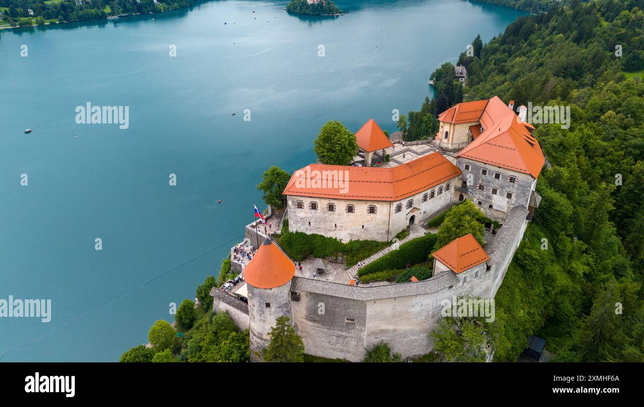 Aerial panoramic view of beautiful Bled Castle (Blejski Grad) with Lake ...