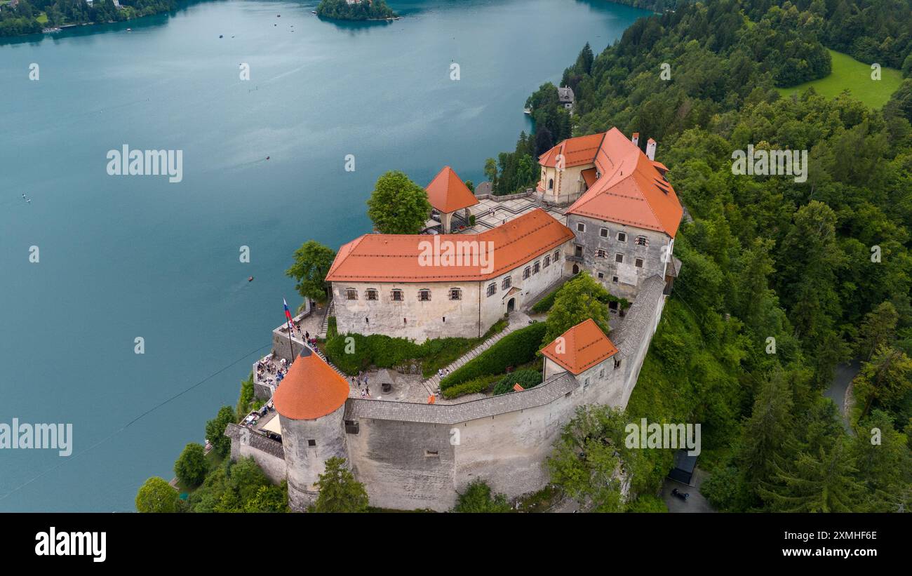 Aerial panoramic view of beautiful Bled Castle (Blejski Grad) with Lake ...