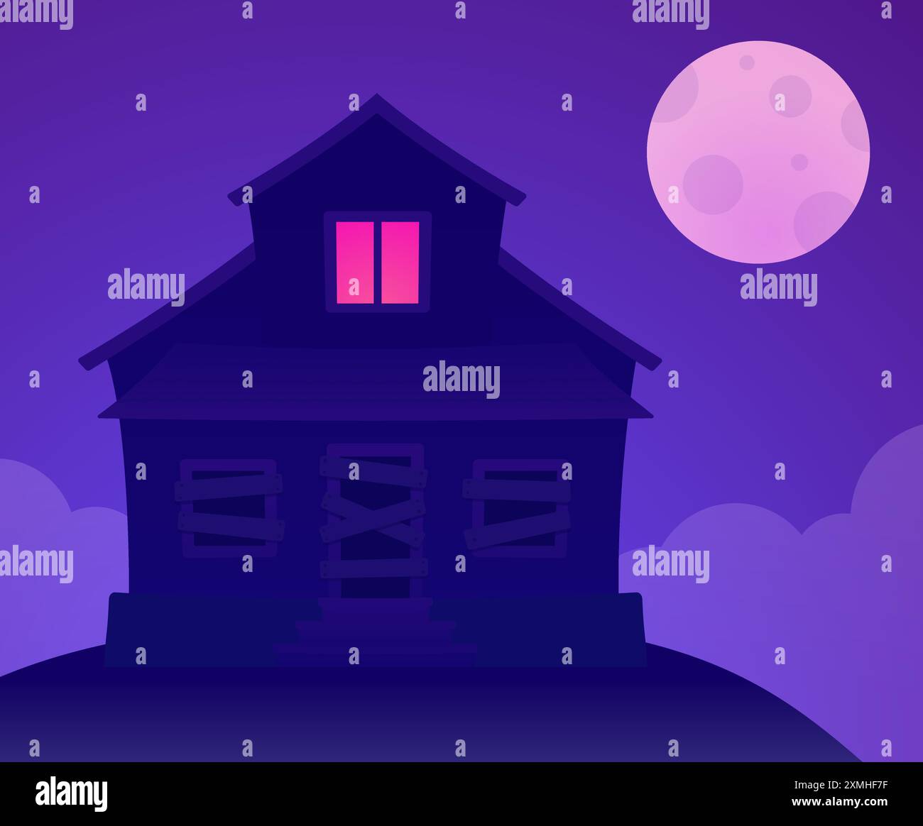 Purple night background with haunted house and full moon. Vector ...