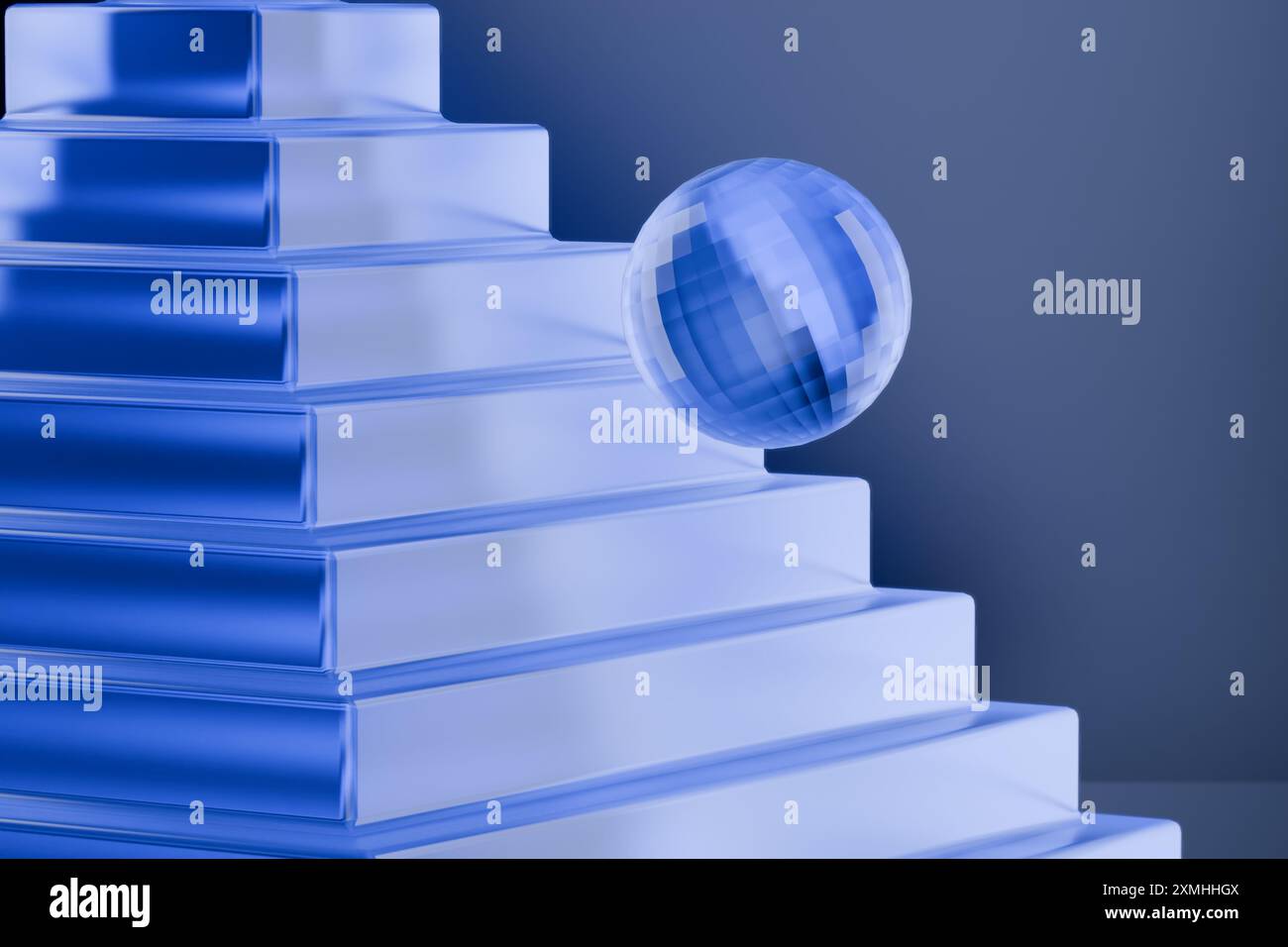A glass sphere on a staircase in a blue-toned abstract setting. 3d ...
