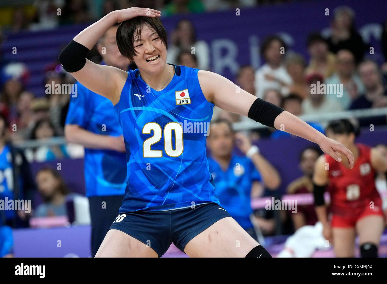 Japan's Ayaka Araki reacts after missing a point during the group B women's volleyball match ...