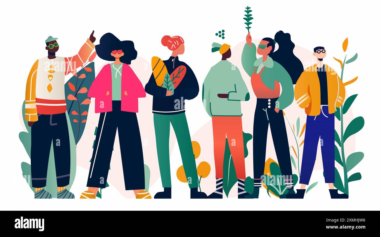 Diverse group of people standing together holding plants and bread ...