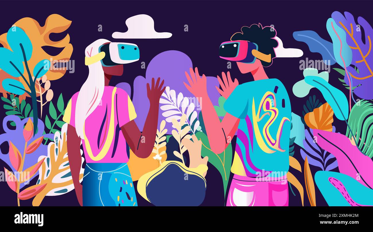 Two people wearing VR headsets in a vibrant tropical environment with ...