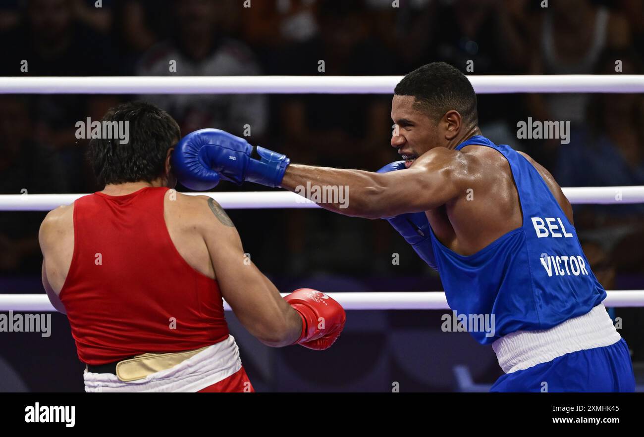 Paris, France. 28th July, 2024. Belgian boxer Victor Schelstraete (blue ...
