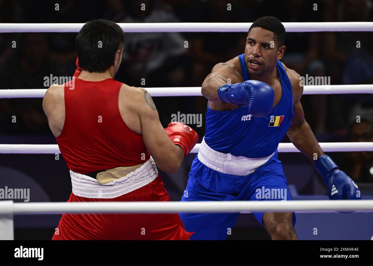 Paris, France. 28th July, 2024. Belgian boxer Victor Schelstraete (blue ...