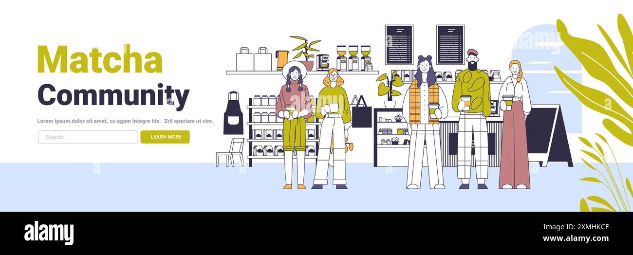 Cafe scene with diverse people holding drinks standing in front of ...