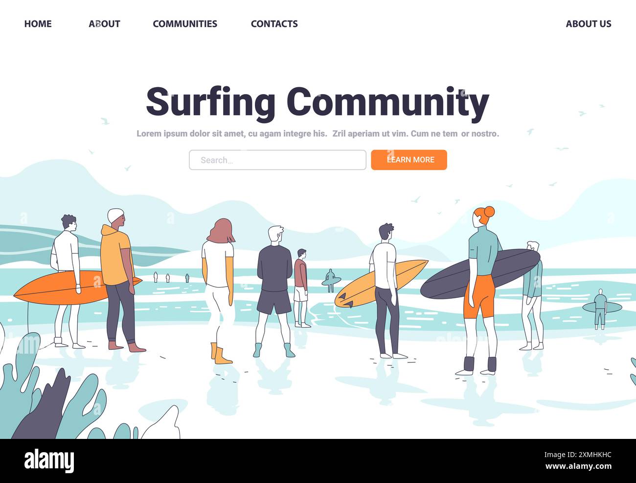 Surfers on beach holding surfboards facing ocean waves mountains in ...