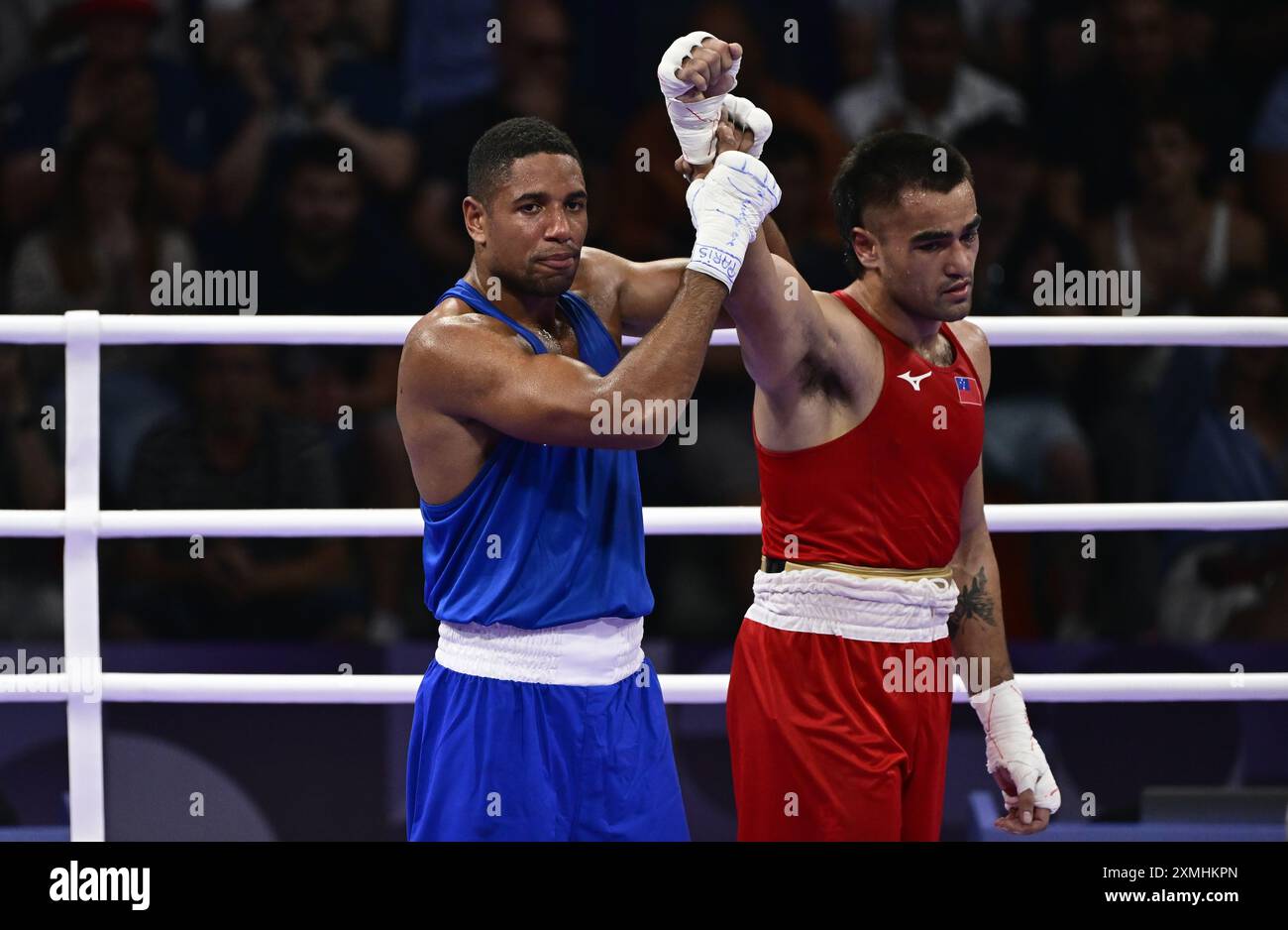 Paris, France. 28th July, 2024. Belgian boxer Victor Schelstraete (blue ...