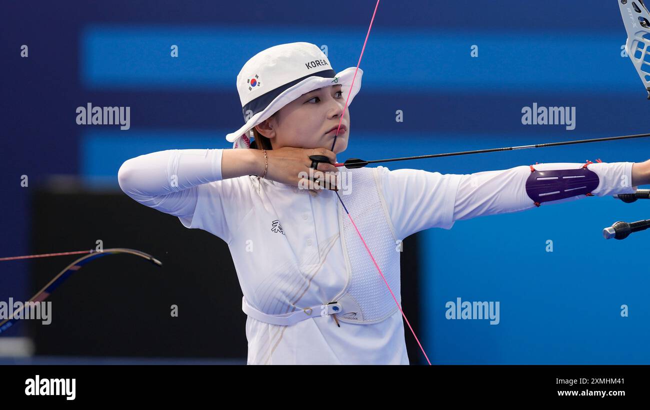 South Korea's Jeon Hun-young shoots during the women's team semifinals ...