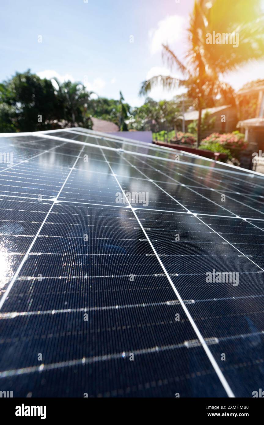 Renewable energy theme. Solar panel on tropical residential background ...
