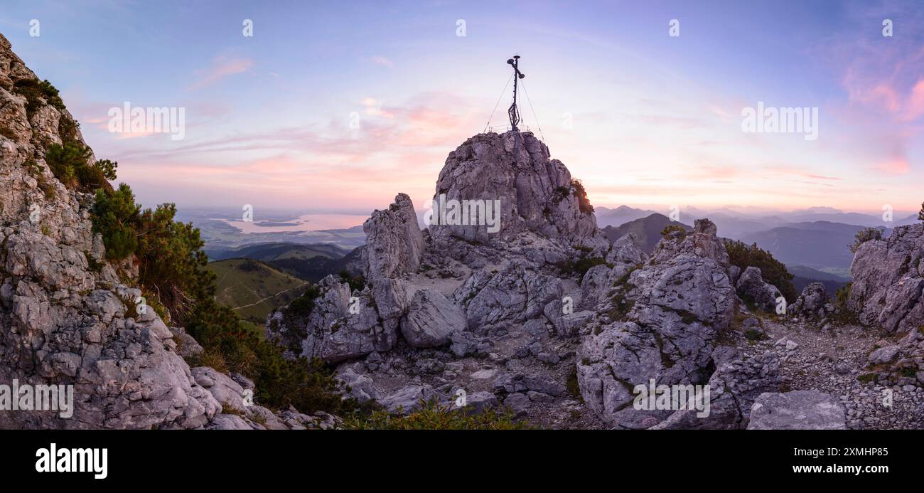 summit cross mountain Kampenwand. view to lake Chiemsee Chiemgauer ...