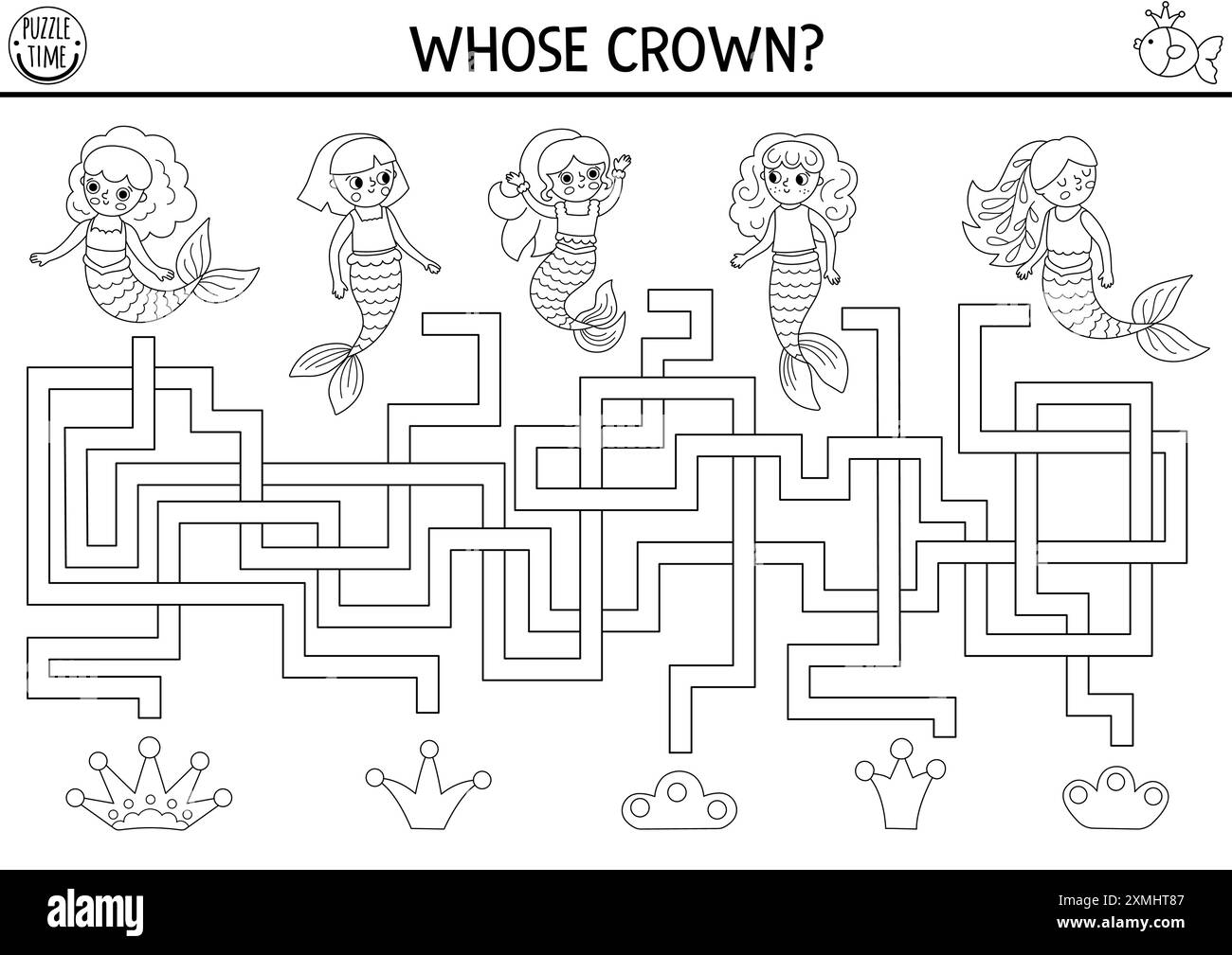 Mermaid black and white maze for kids with crowns. Marine preschool ...