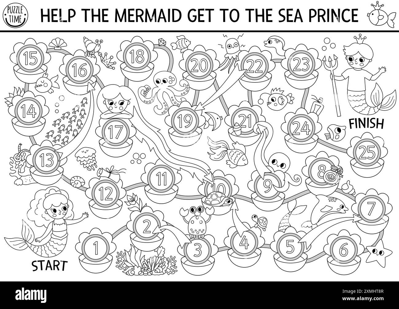 Mermaid black and white dice board game for children with cute sea ...