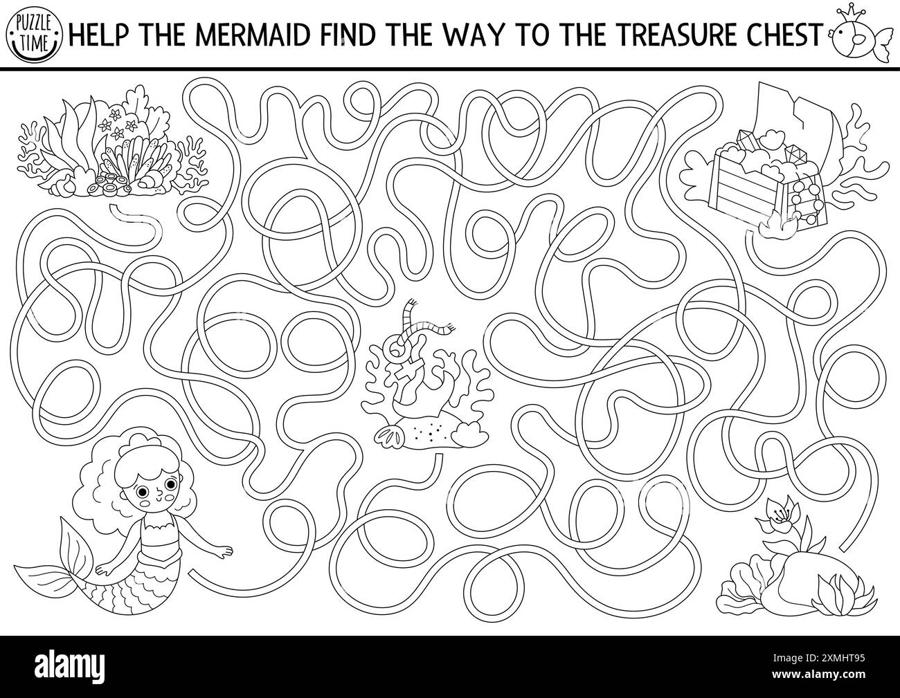 Mermaid black and white maze for kids with treasure chest, anchor ...