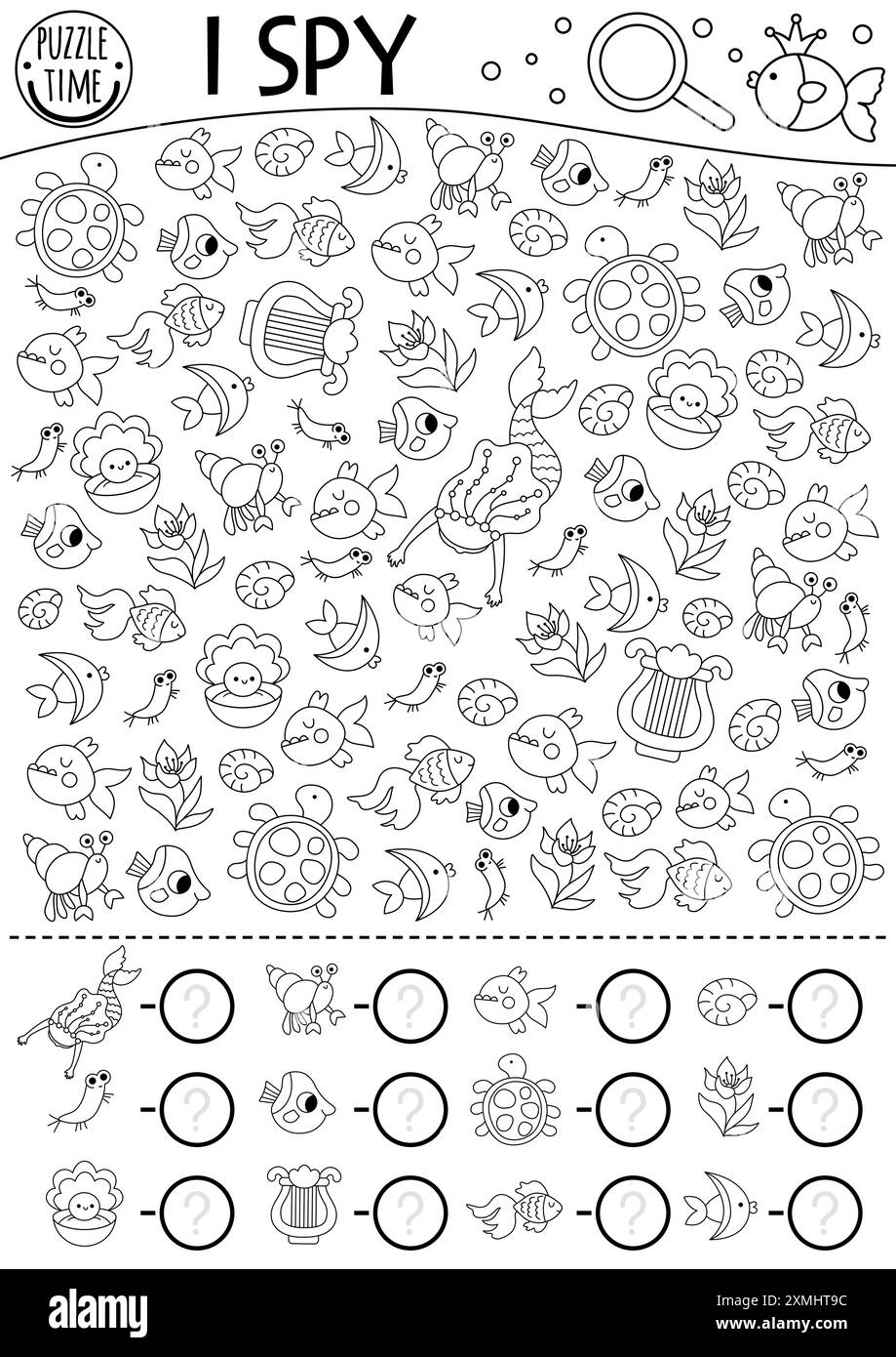 Mermaid black and white I spy game for kids. Searching, counting line ...
