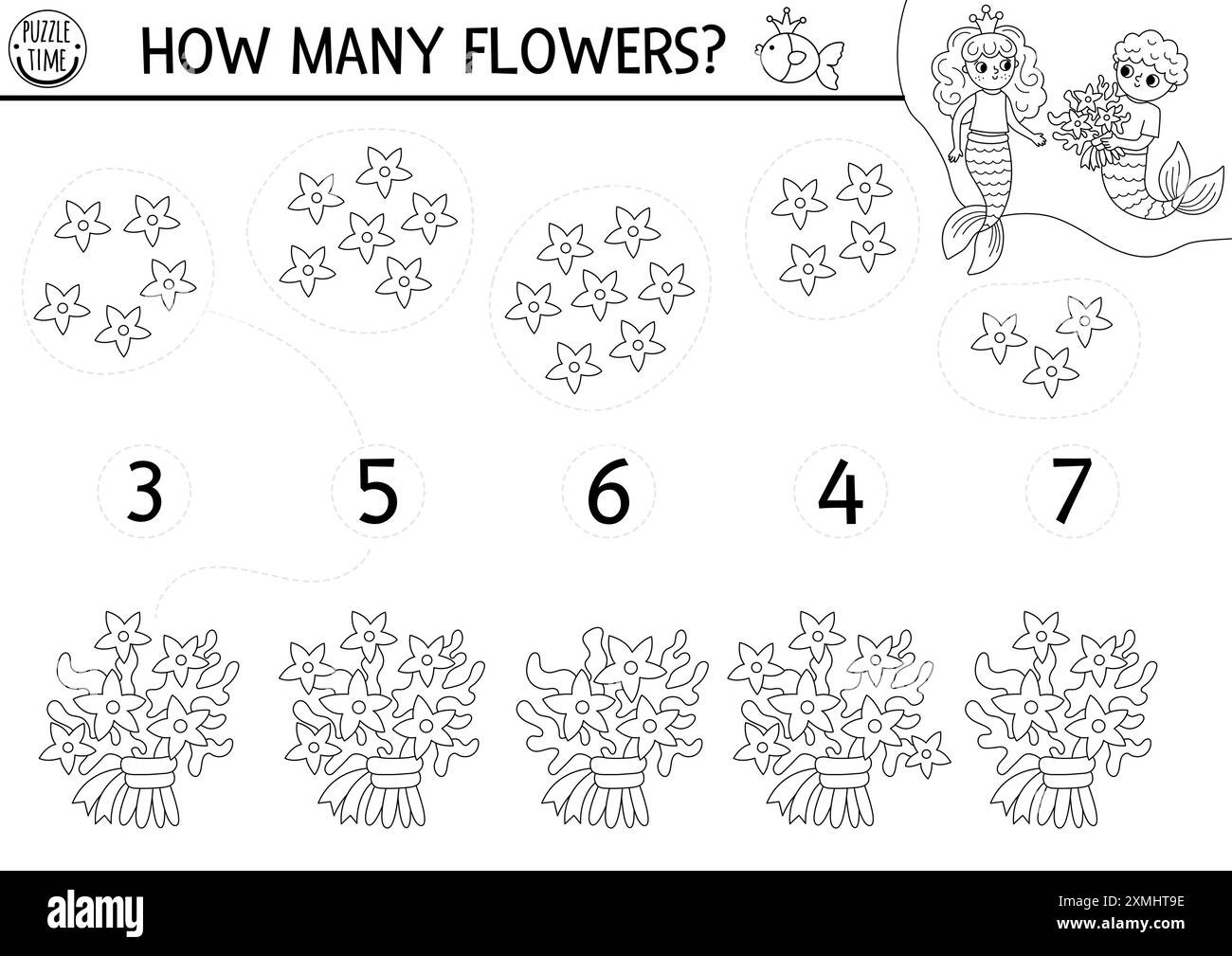 Match the numbers black and white mermaid game with merman, seaweed ...