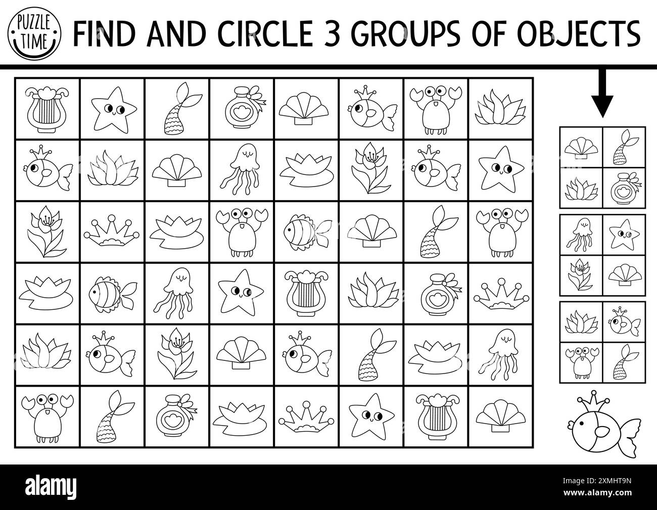 Mermaid black and white seek and find game. Line puzzle with seashell ...