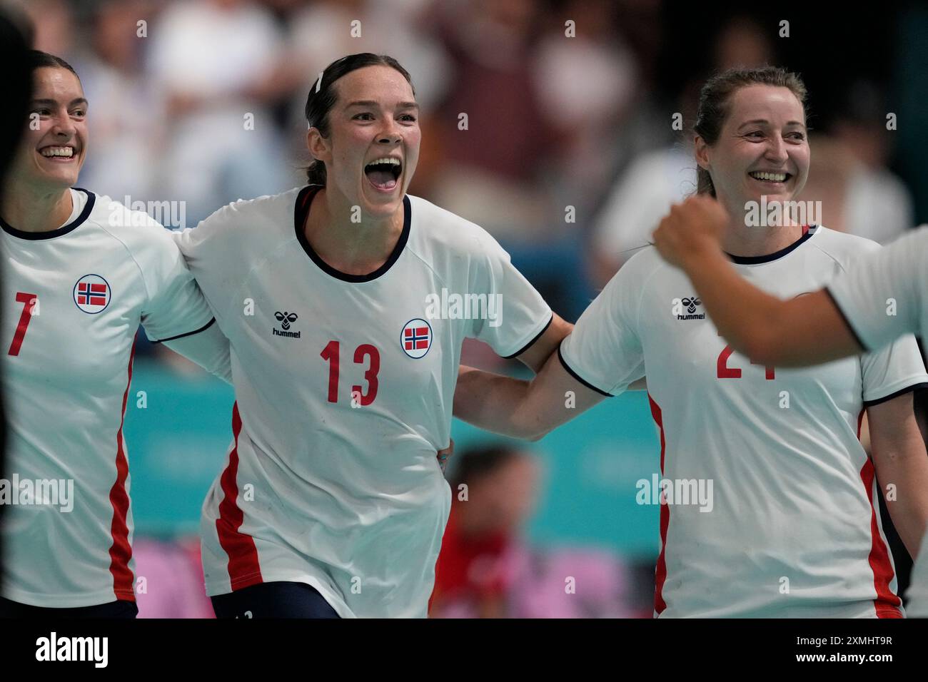 Norway team celebrates after winning against Denmark during a women's ...