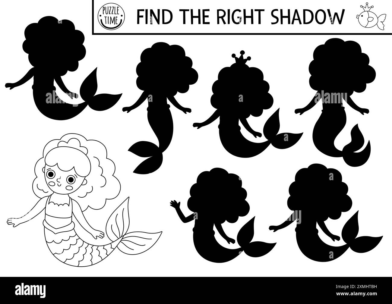 Mermaid black and white shadow matching activity with sea princess ...