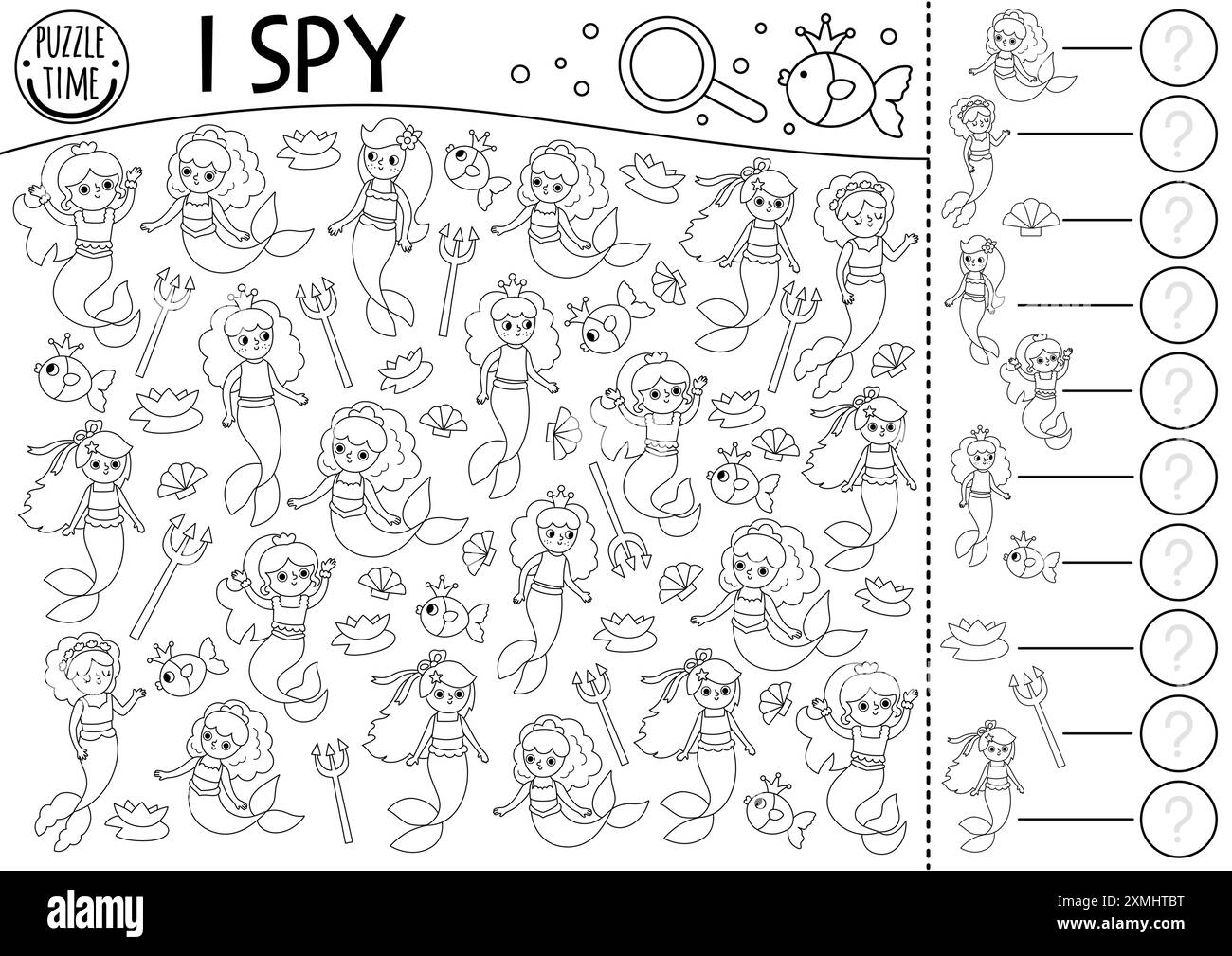 Mermaid black and white I spy game for kids. Searching, counting line ...