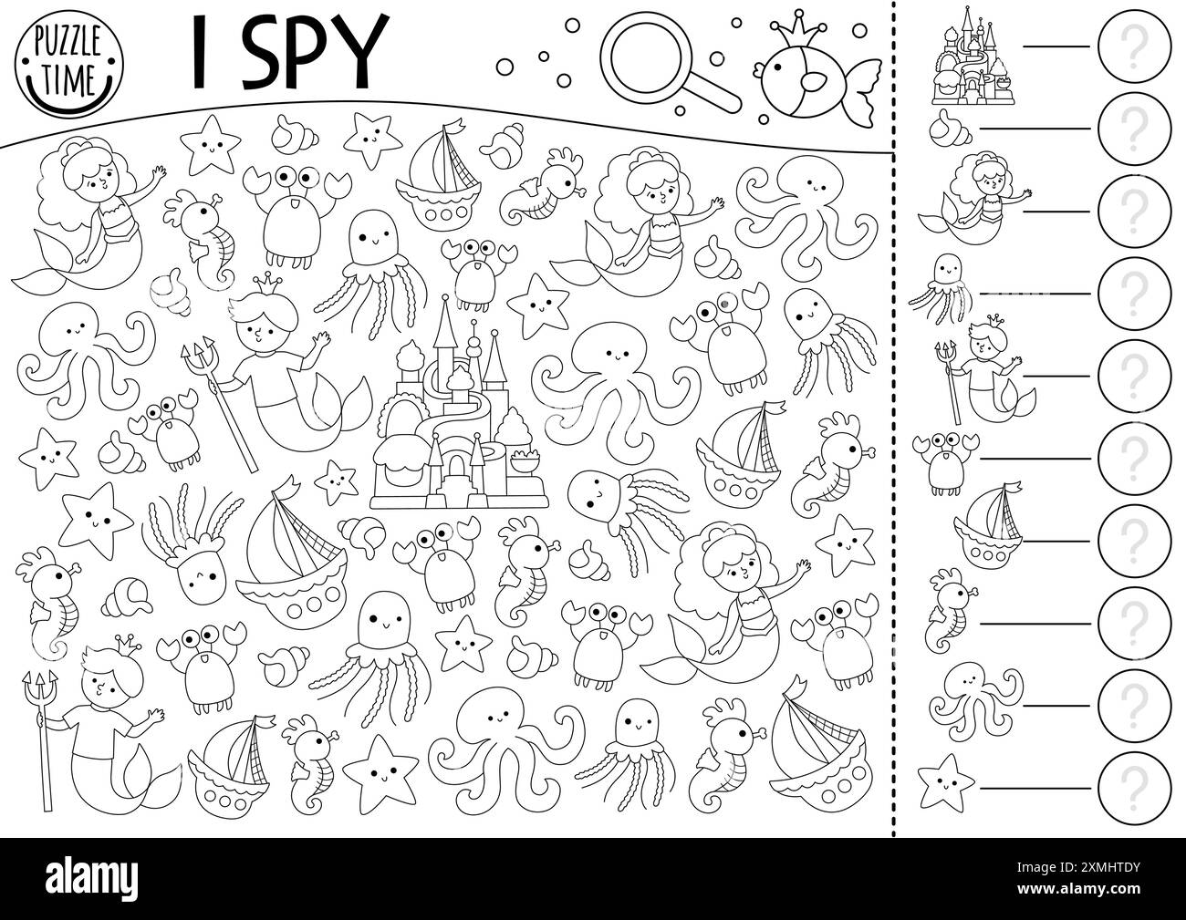 Mermaid black and white I spy game for kids. Searching, counting line ...