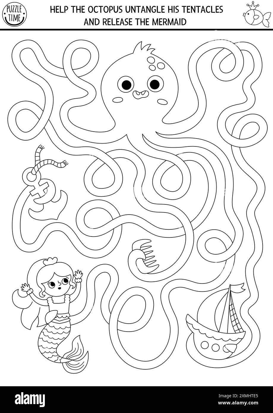Mermaid black and white maze for kids shaped as octopus tentacles with ...