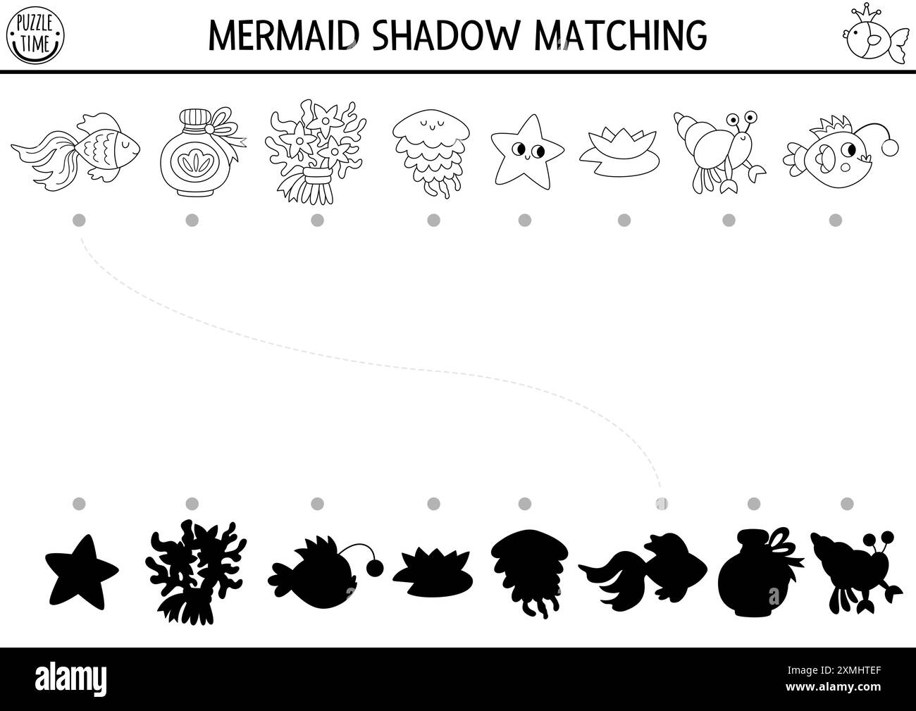 Mermaid black and white shadow matching activity with starfish ...