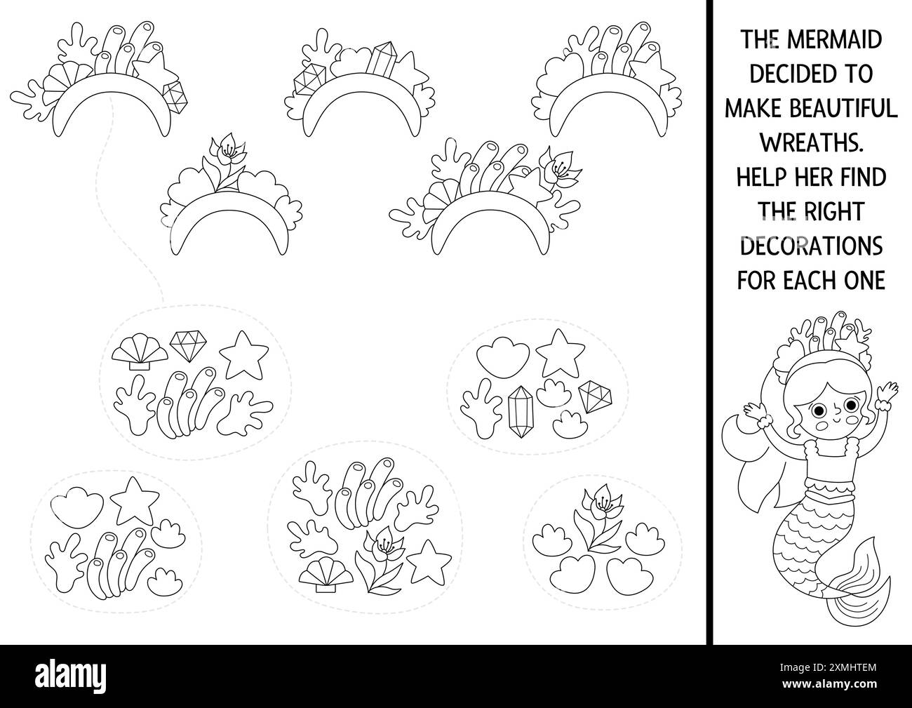 Mermaid black and white matching activity with headbands and their ...