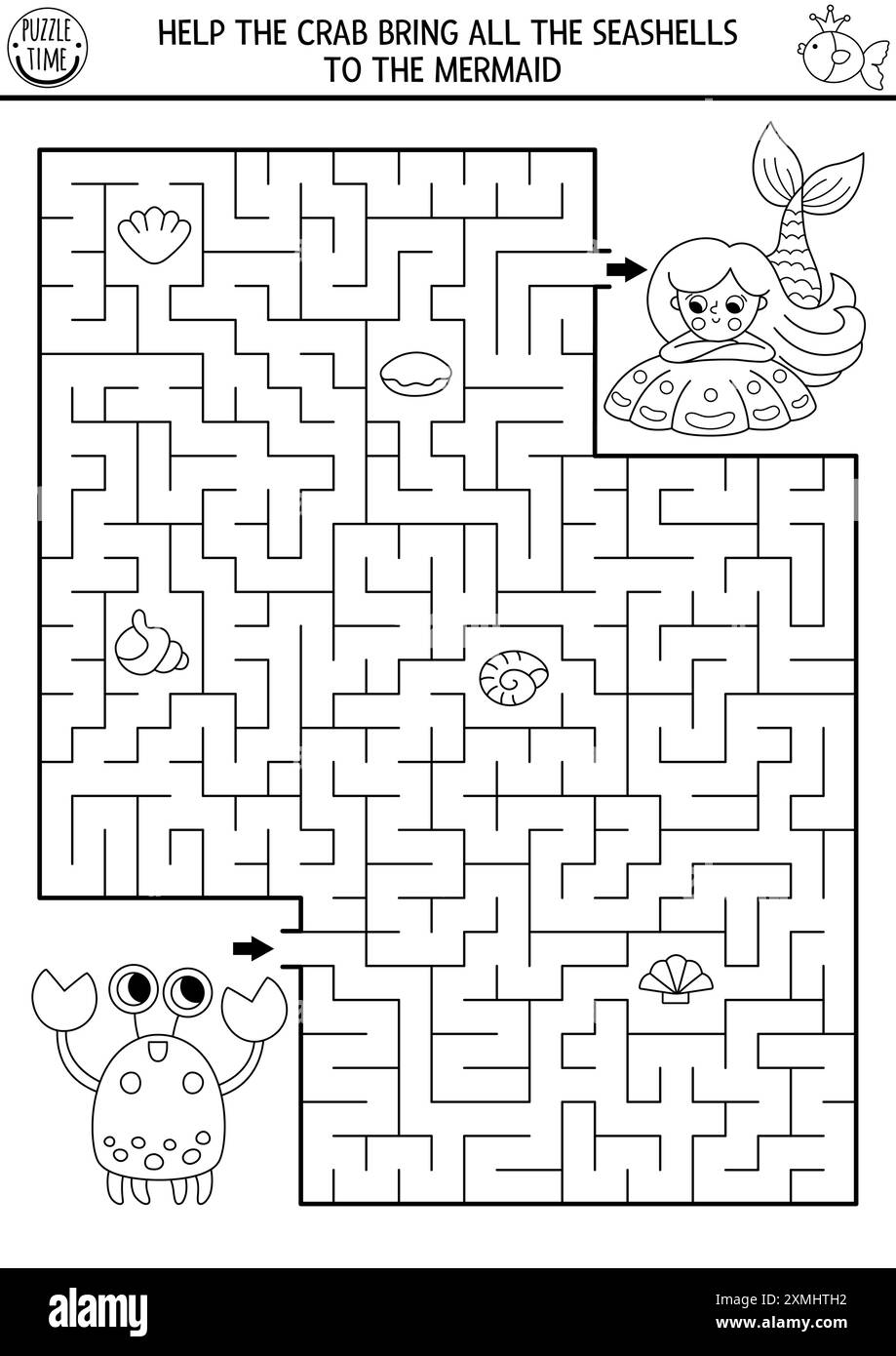 Mermaid black and white maze for kids with crab with seashells. Marine ...